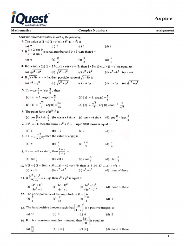 Final, Complex Numbers, Assignment, 04-09-2024 | PDF