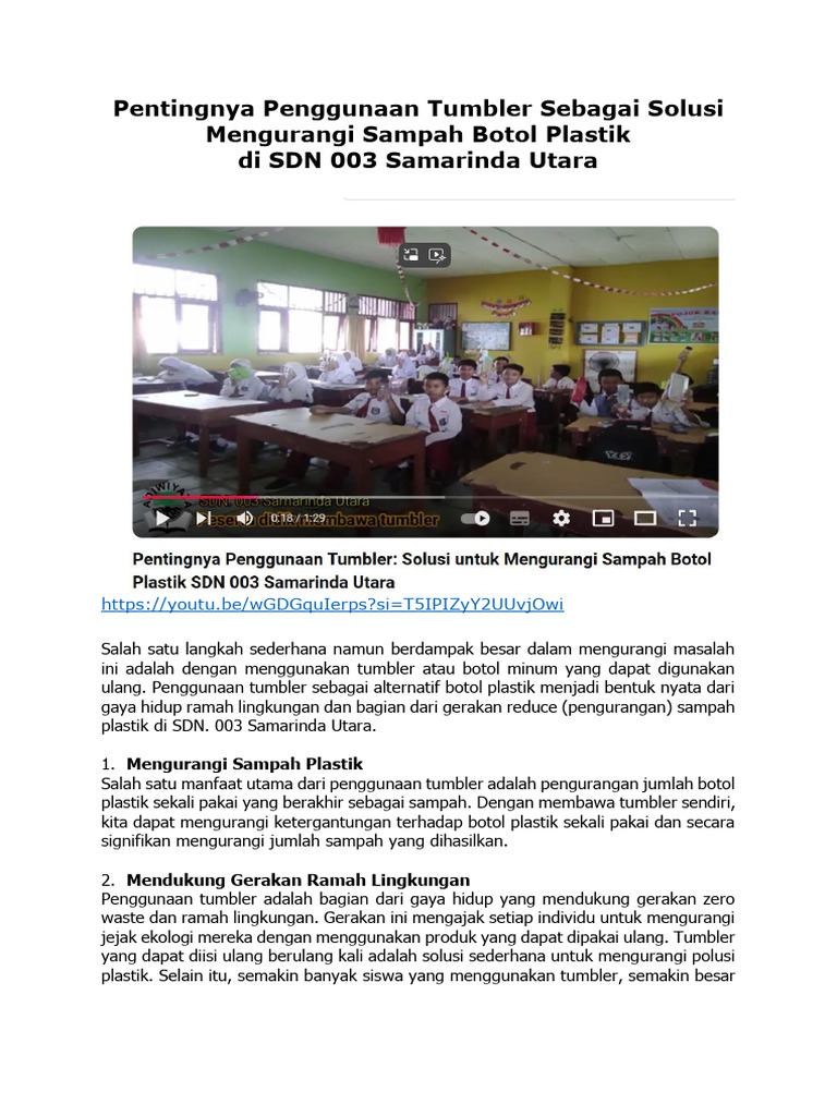#I9 Pentingnya Penggunaan Tumbler Sebagai Solusi SDN 003 | PDF