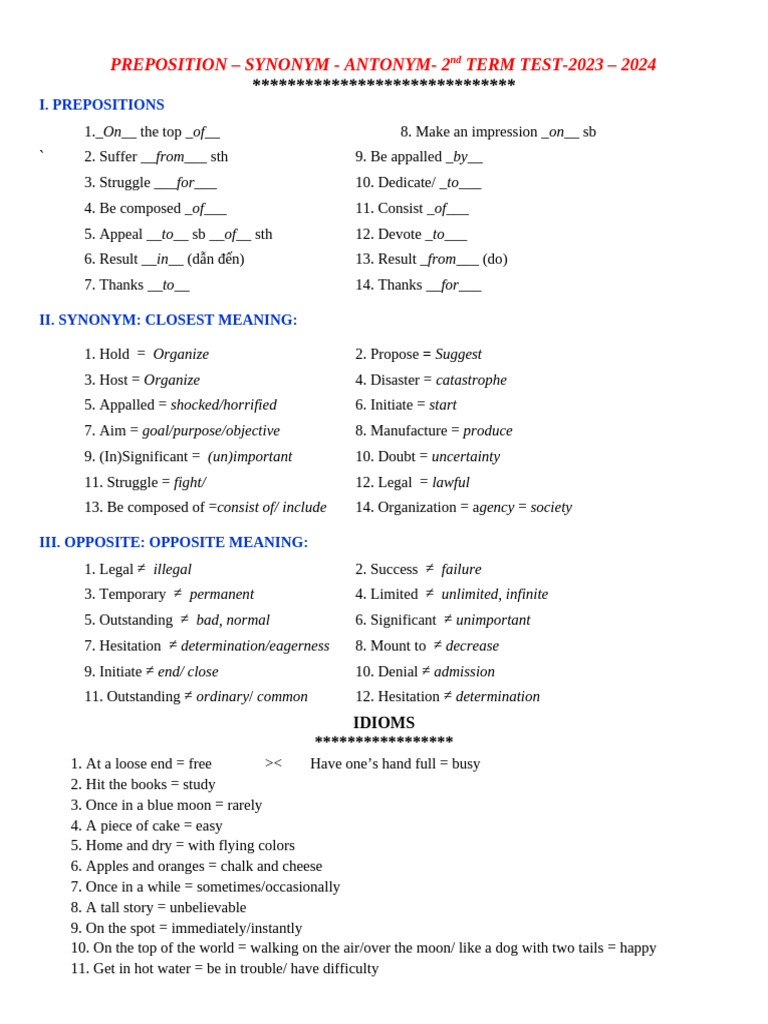 Prepositions, Synonyms, and Antonyms Guide | PDF