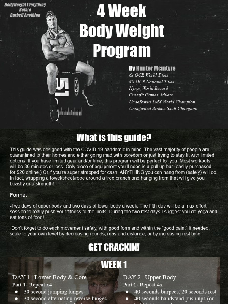 4 Week Body Weight Program | PDF | Physical Exercise | Strength Training