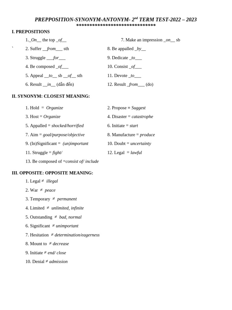 Prep Synonym Antonym 2nd Term Test 2022 2023 | PDF