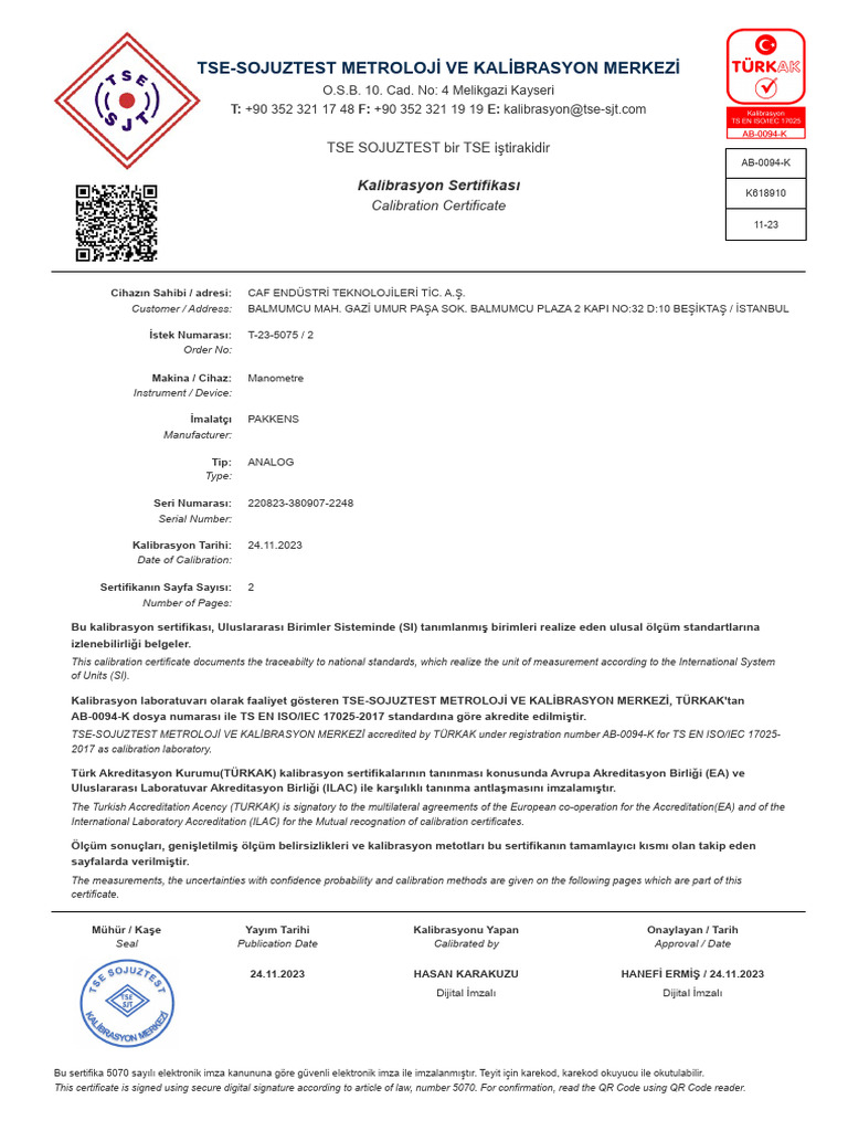 Calibration Certificate of Manometer | PDF