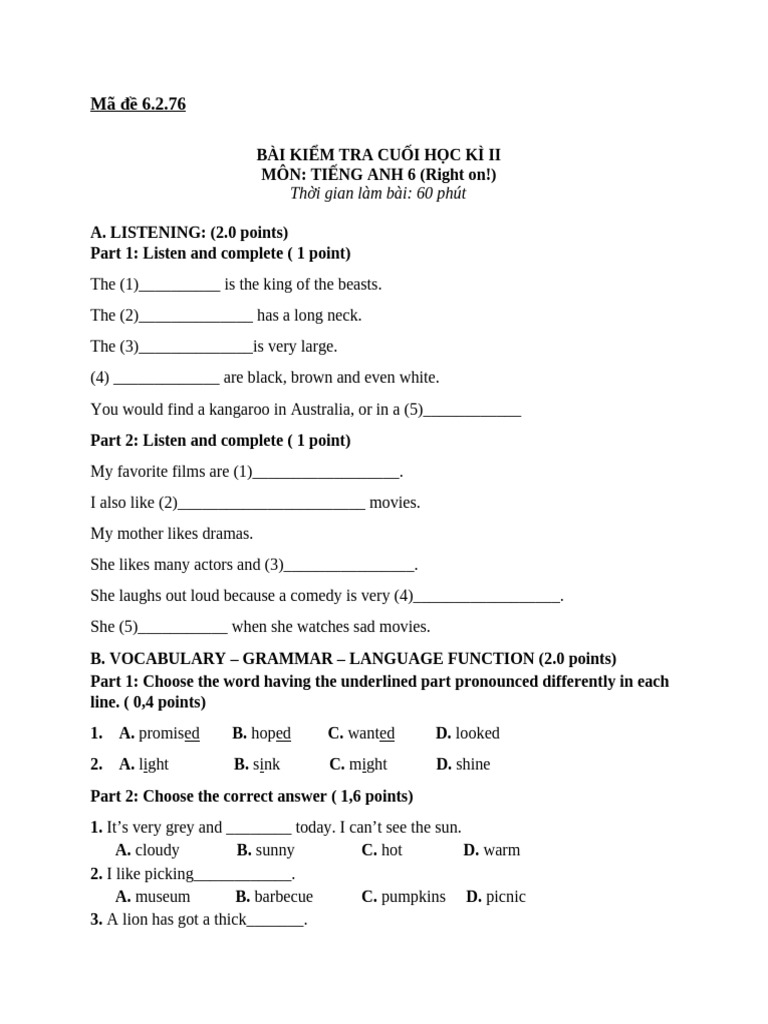 English Test for Grade 6 - Semester 2 | PDF