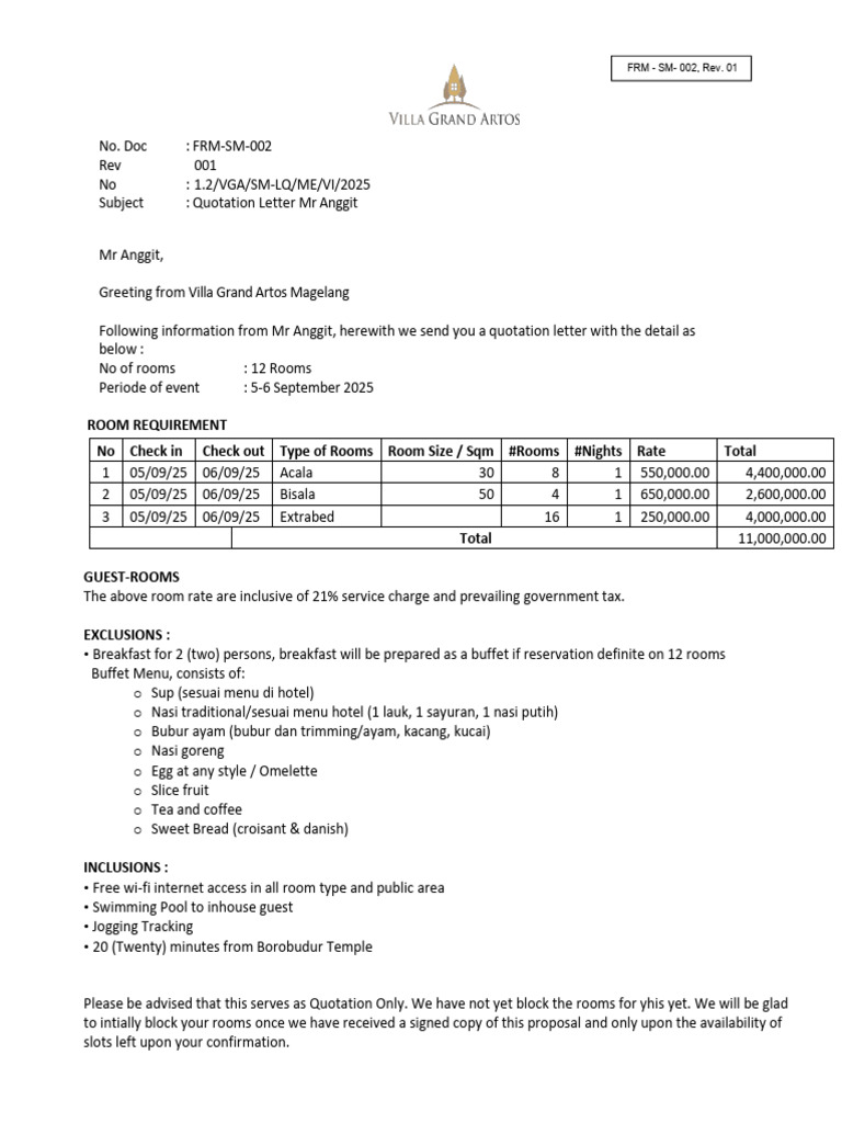 1.2 - Quotation Letter MR Anggit - Villa Grand | PDF
