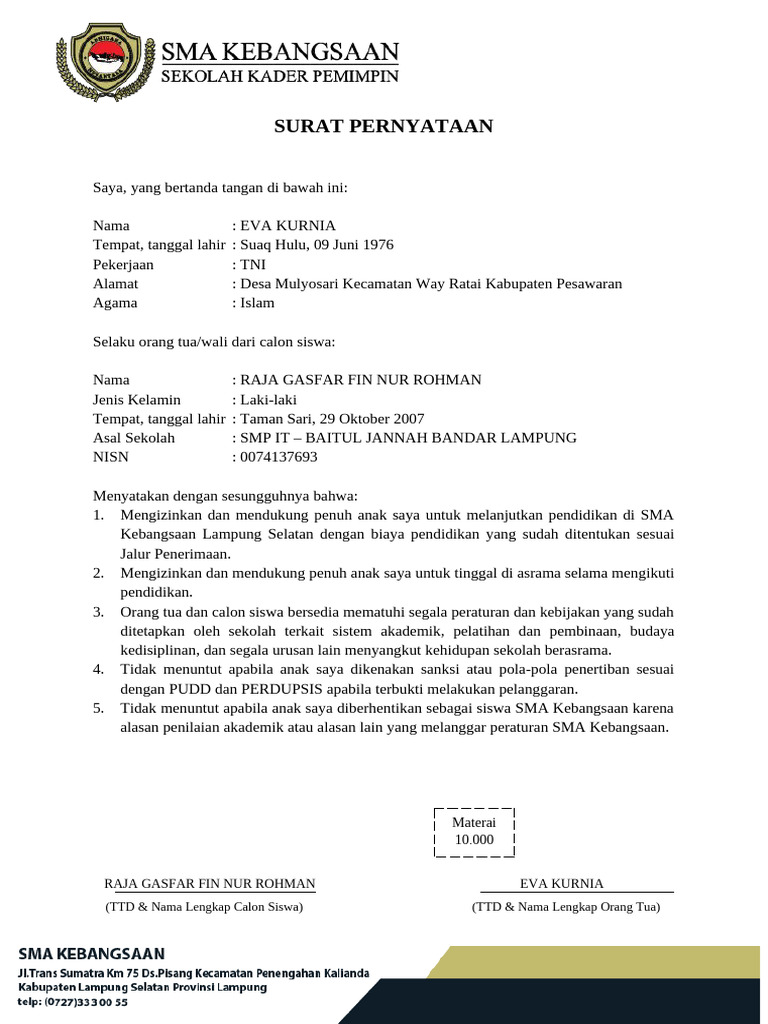 KBS - SURAT PERNYATAAN ORANG TUA SISWA | PDF