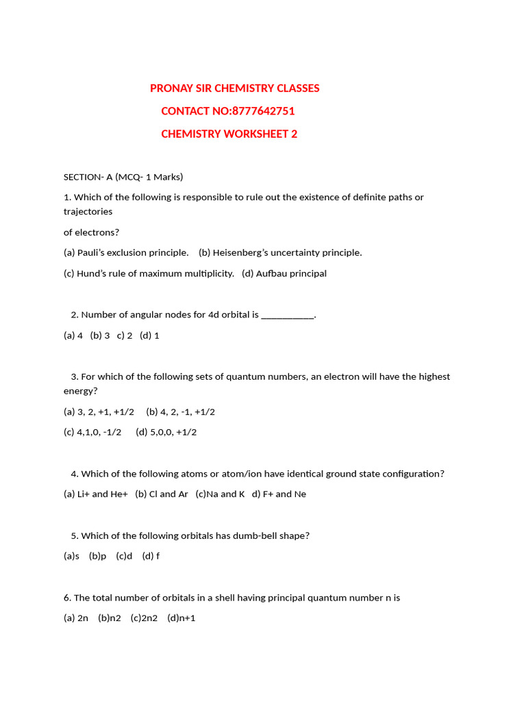 Pronay Sir Chemistry Classes Worksheet Cbse 2 | PDF | Atomic Orbital | Electron