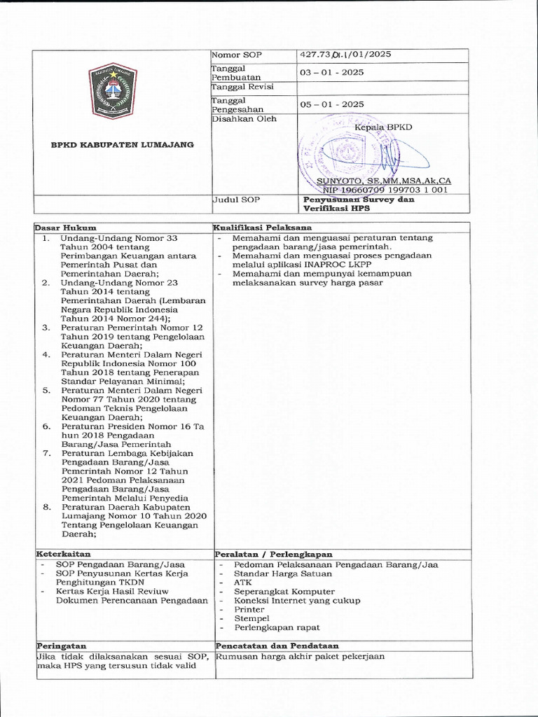 SOP Penyusunan Survey dan Verifikasi HPS | PDF