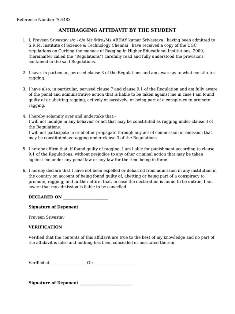 Anti Ragging Affidavit Form | PDF | Affidavit | Justice