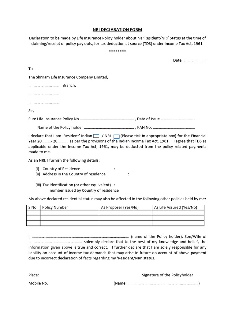 Nri Declaration Form | PDF