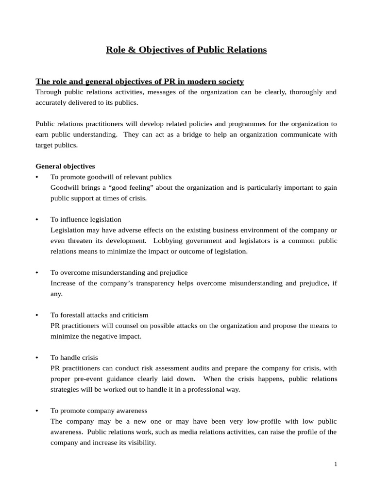Public Relations: Roles and Objectives | PDF | Public Relations ...