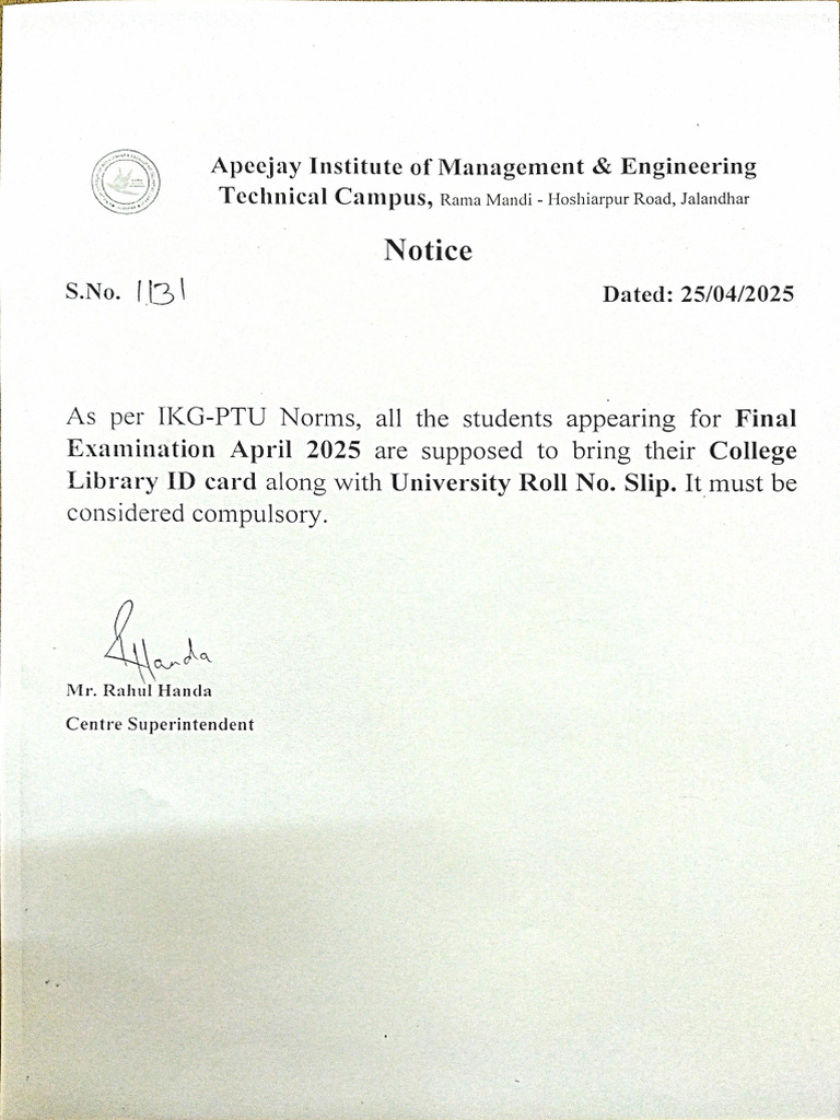 Notice Regarding Mandatory Roll No. & ID Card For Students | PDF