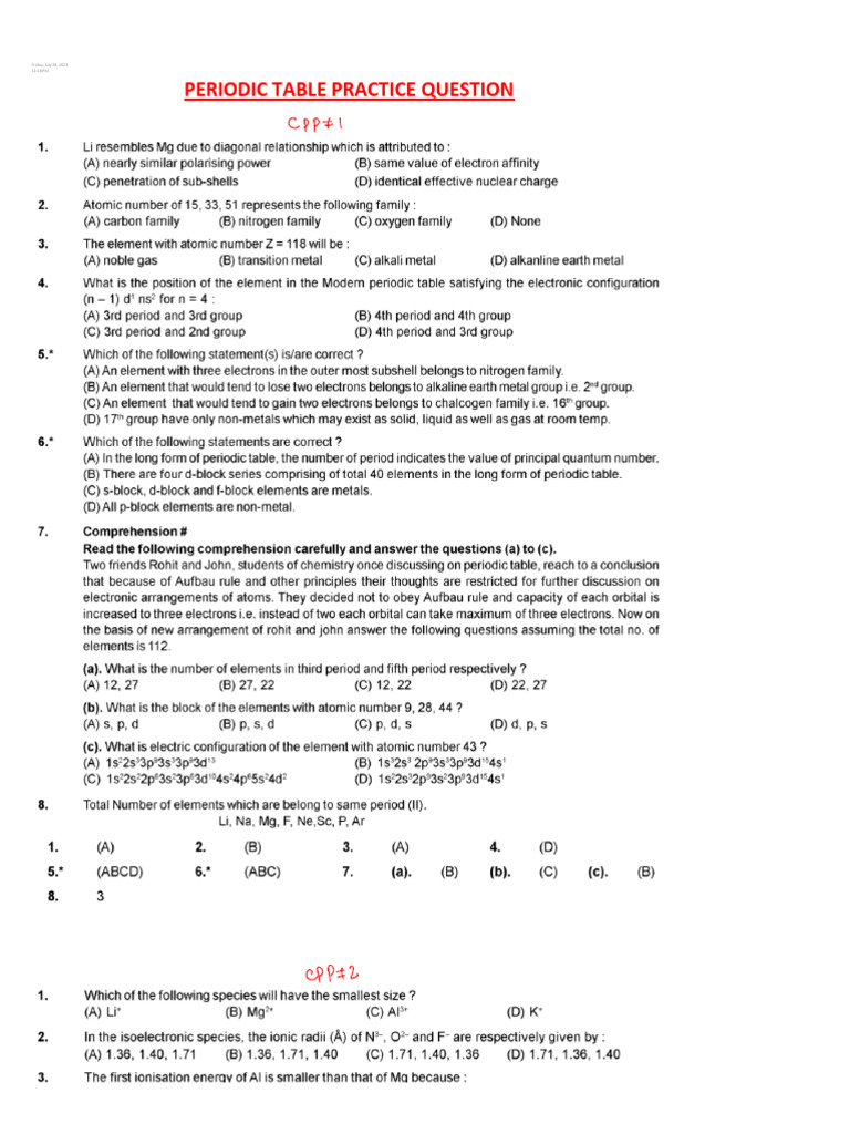 Periodic Table Practice Question C3 | PDF
