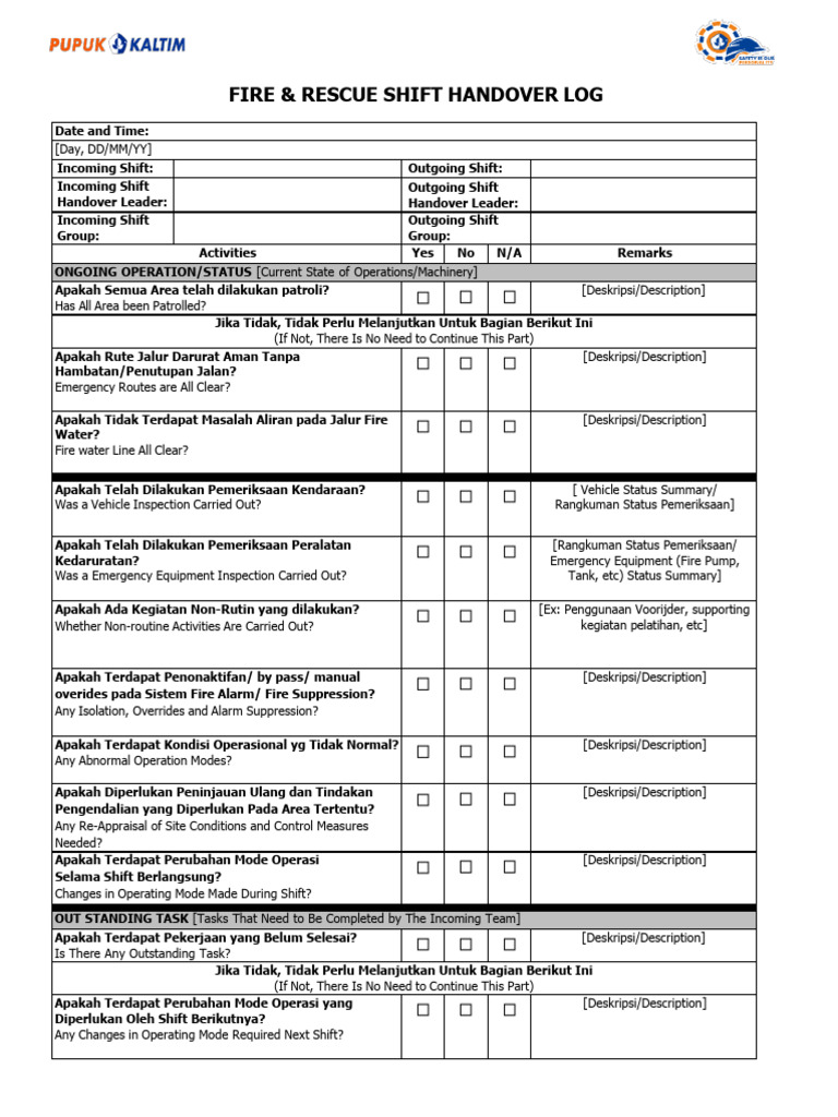 Shift Handover Log - Form Serah Terima Shift FNR - Rev 0 | PDF