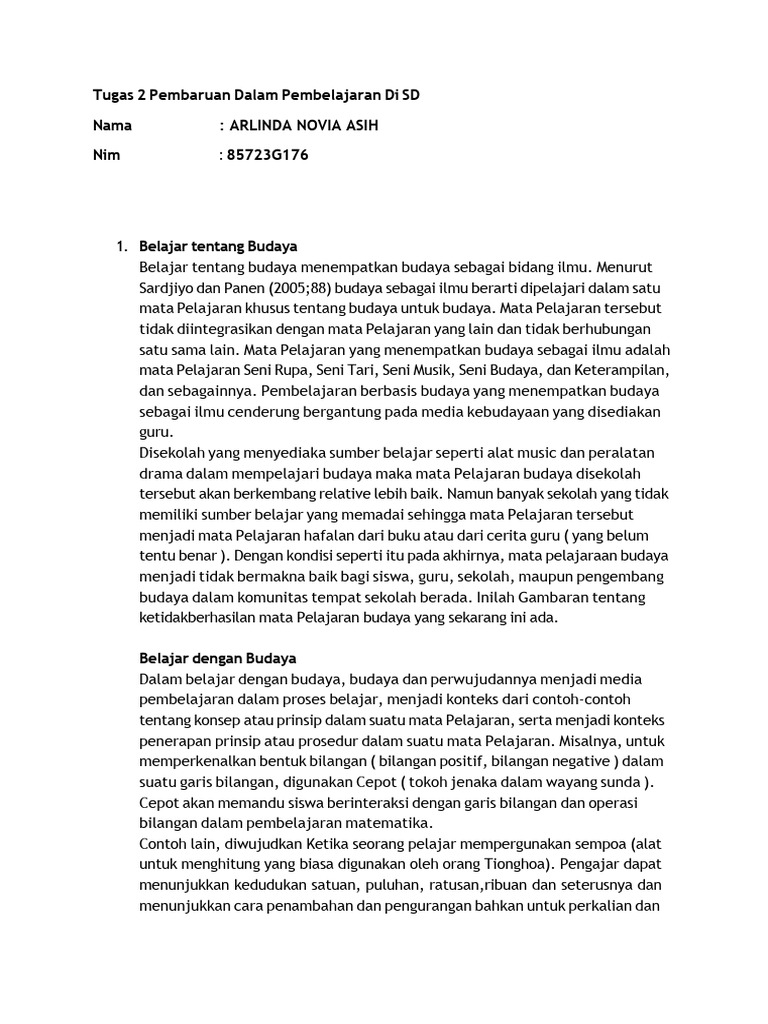 Tugas 2 Pembaruan Dalam Pembelajaran Di SD (ARLINDA NOVIA ASIH) | PDF