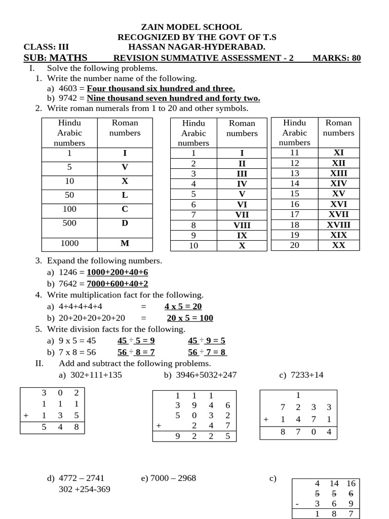 Sa2 Maths Class 3 Revision 2025 | PDF | Division (Mathematics) | Arithmetic