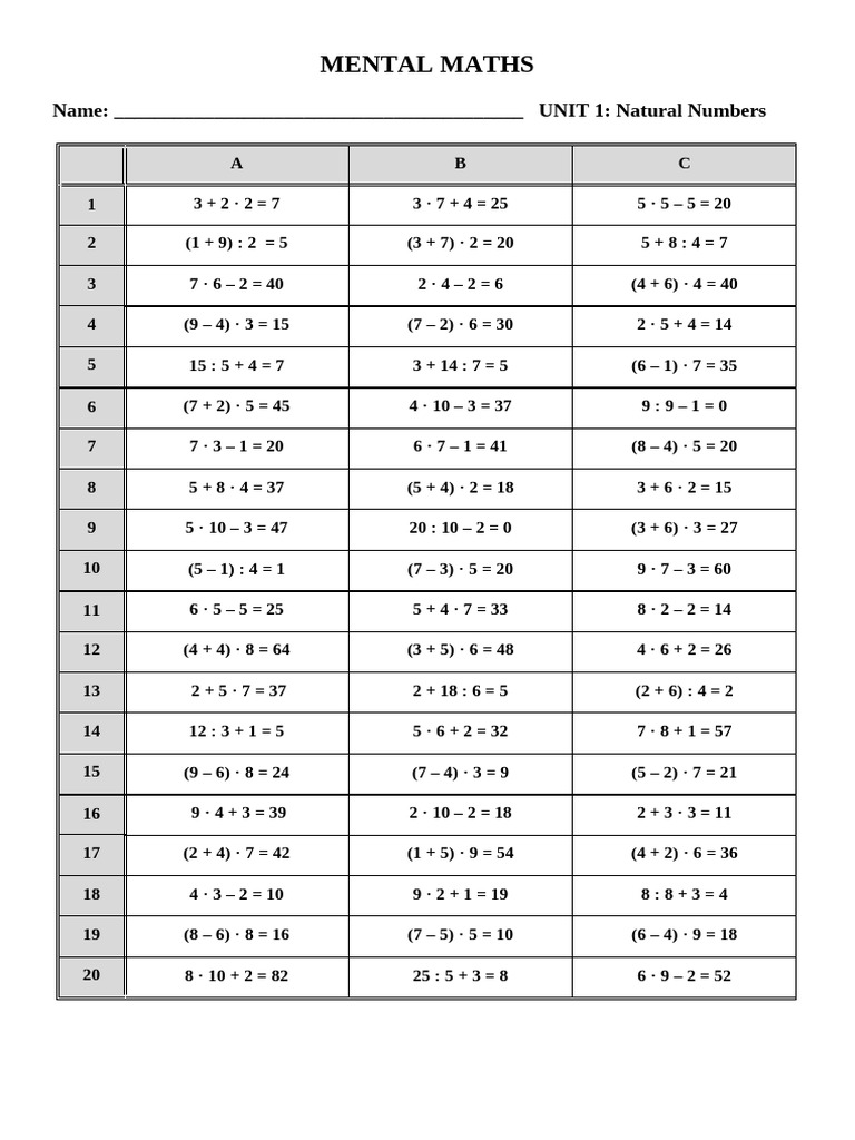 Mental Maths 1 Solutions | PDF