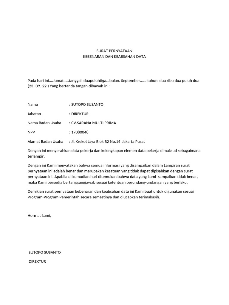 Surat Pernyataan Keabsahan Bsu Bpjs | PDF