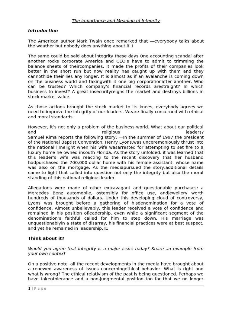 The Importance and Meaning of Integrity | PDF | Conscience | Guilt ...