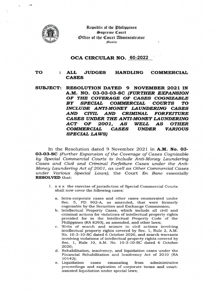 OCA Circular 60-2022: Case Expansion | PDF | Banks | Justice