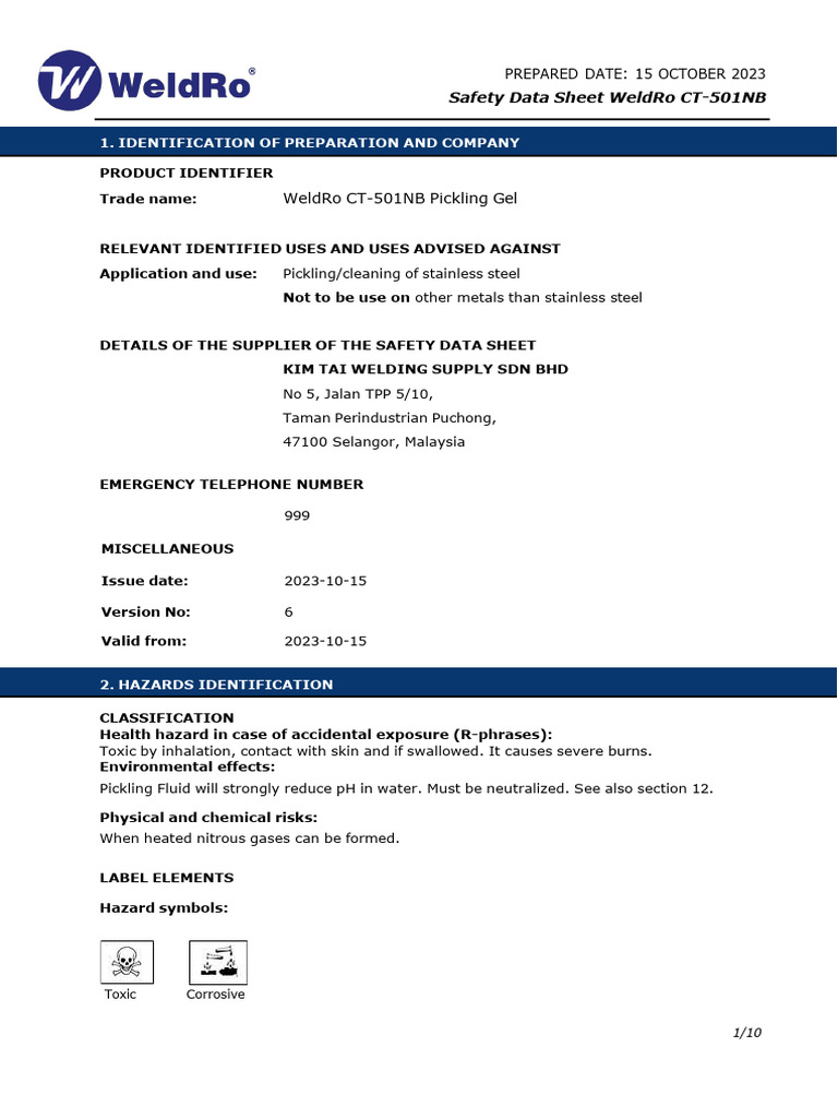 WeldRo CT-501NB SDS-1 2023 | PDF | Firefighter | Personal Protective ...