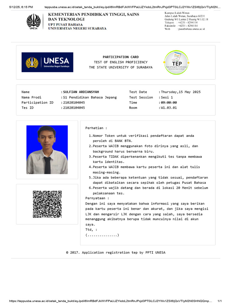 Kartu Peserta Tes TEP UNESA | PDF