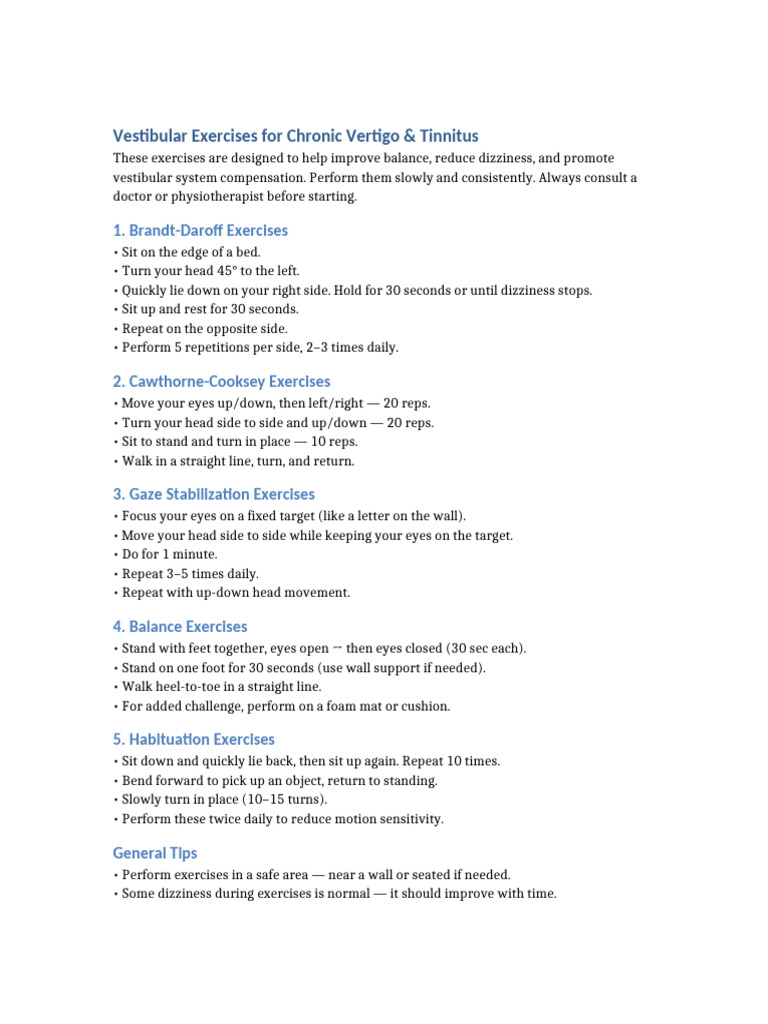 Vestibular Exercises For Vertigo Tinnitus | PDF