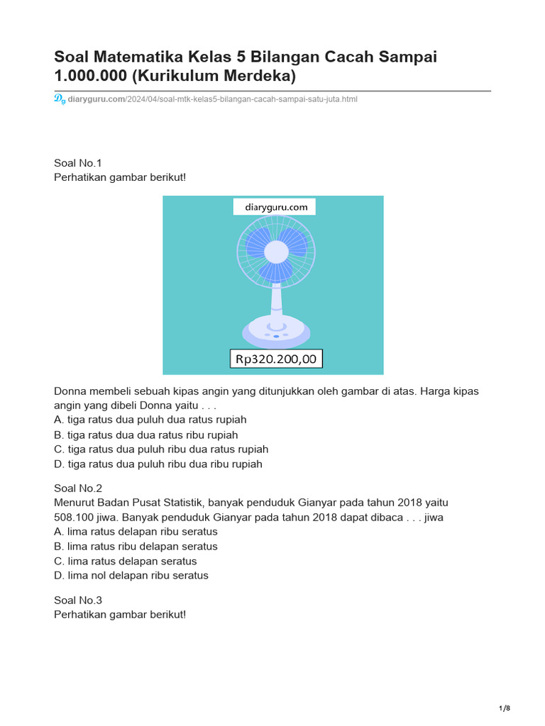 Soal Matematika Kelas 5 Bilangan Cacah Sampai 1000000 Kurikulum Merdeka | PDF