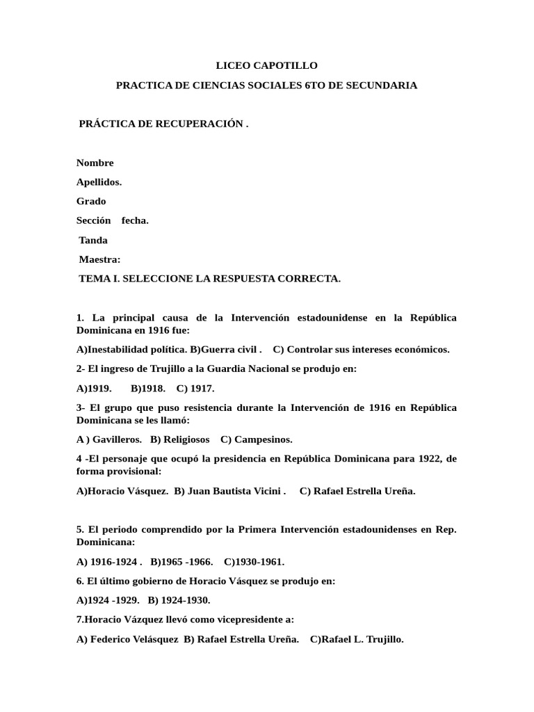 Práctica Recuperación p2 6to | PDF | República Dominicana