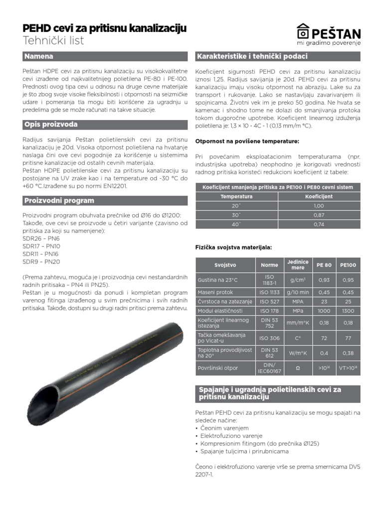 PEHD Za Pritisnu Kanalizaciju Tehnicki List | PDF