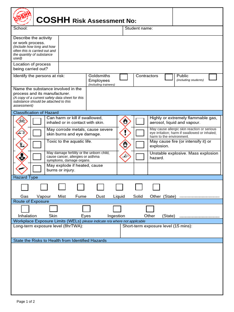 COSHH Blank Risk Assessment Template | PDF | Hazards | Personal ...