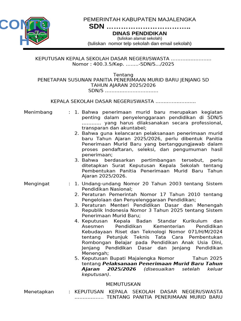 Contoh SK Kepsek TTG PMB 2025 | PDF
