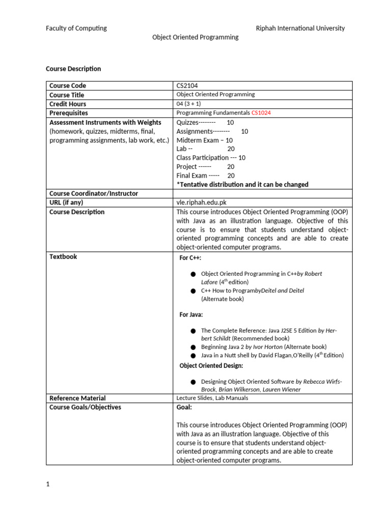 OOP Courseoutline OBE Spring 2022 Draft v1.0 | PDF | Method (Computer ...