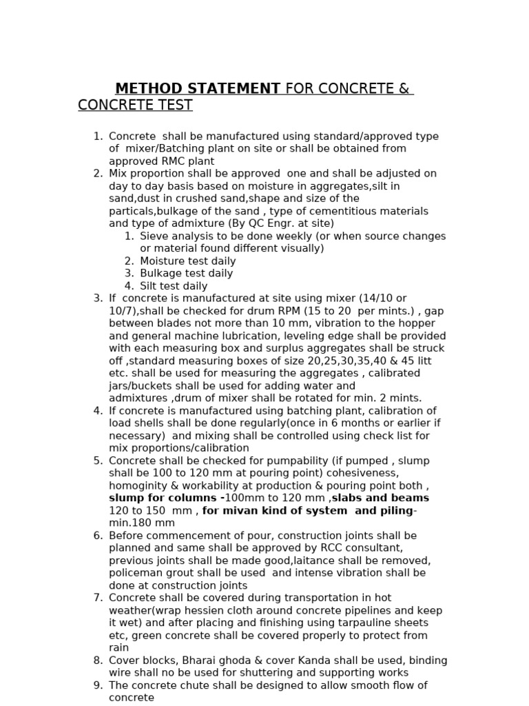 Method Statement For Concreting & Concrete Testing | PDF | Concrete ...