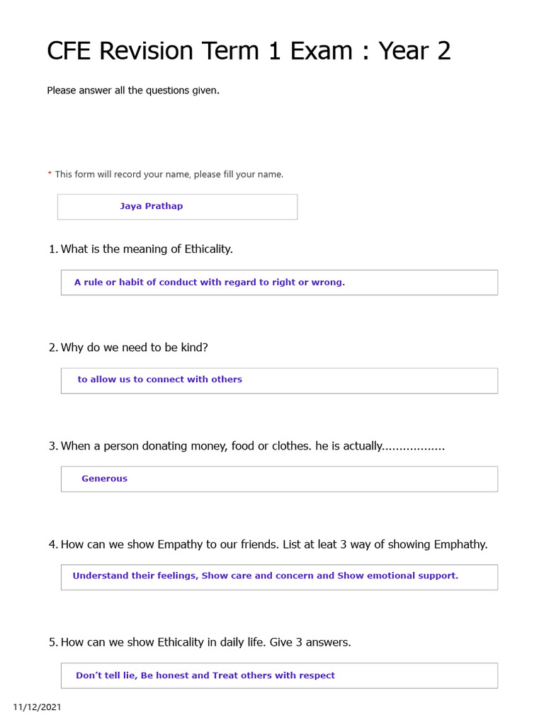 CFE Revision Term 1 Exam _ Year 2 (Preview) Microsoft Forms | PDF | Empathy | Behavioural Sciences