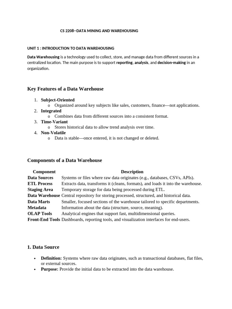 CS 2208 Data Mining and Warehousing Notes | PDF | Data Warehouse ...