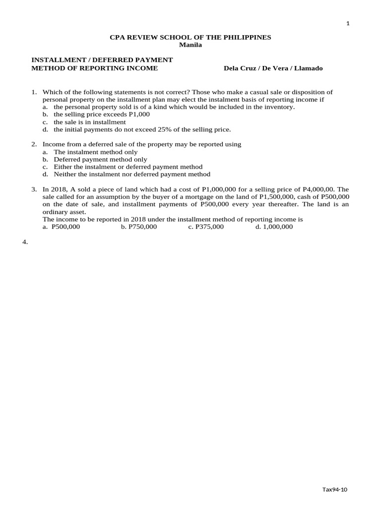 94-10 Installment Method of Reporting Income - Questionnaire | PDF ...
