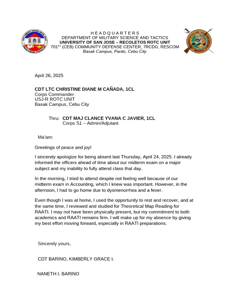 USJ R ROTC Excuse Letter | PDF