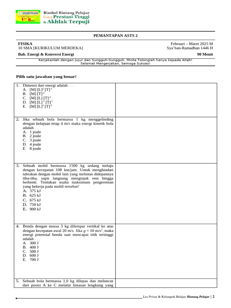 KM - PM ASTS 2 Fisika 10 SMA (Energi Dan Konversi Energi) (Layout) TA 24-25 | PDF