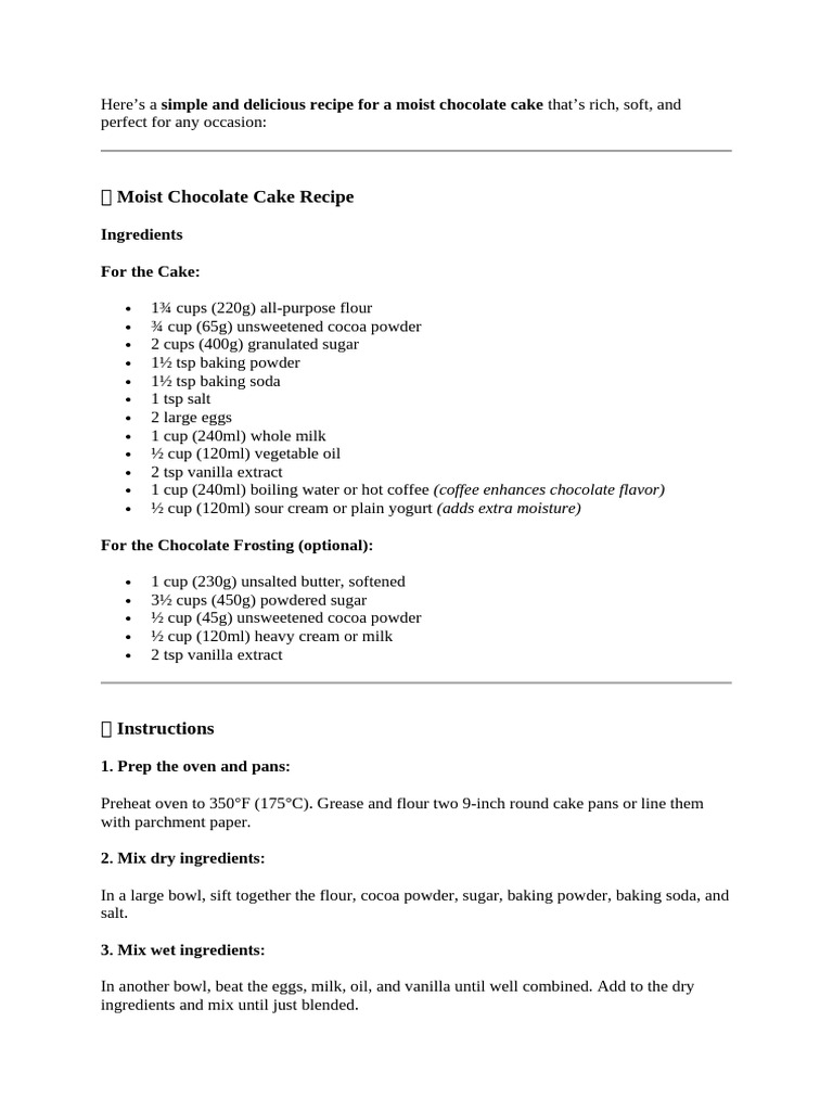 Moist Chocolate Cake Recipe | PDF