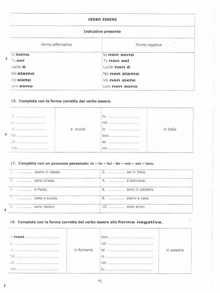 Verbi essere: esercizi | PDF