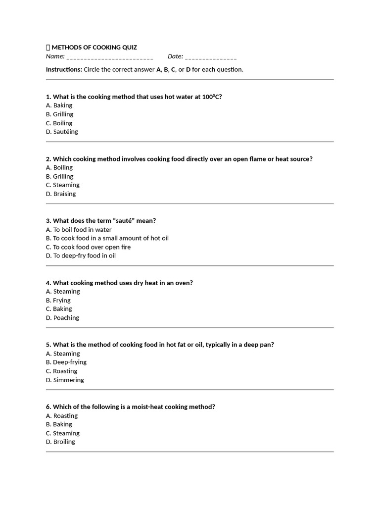 Cooking Methods Quiz and Answers | PDF