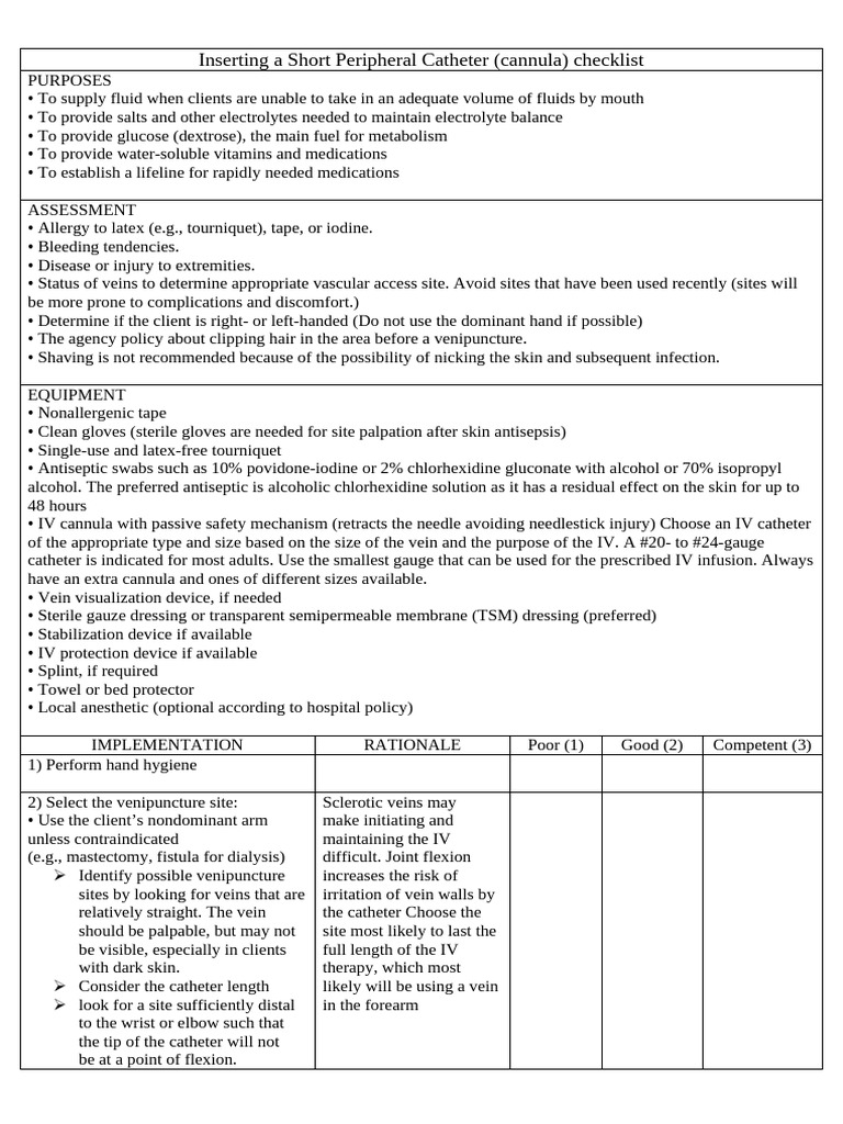 cannula insertion checklist - Copy - Copy (AutoRecovered) (1) | PDF ...