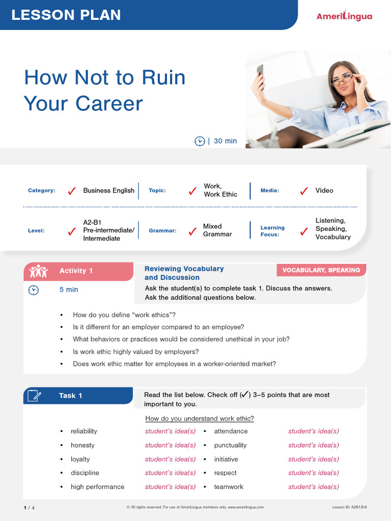 A2B1.B-8 Lesson Plan How Not To Ruin Your Career | PDF | Social ...