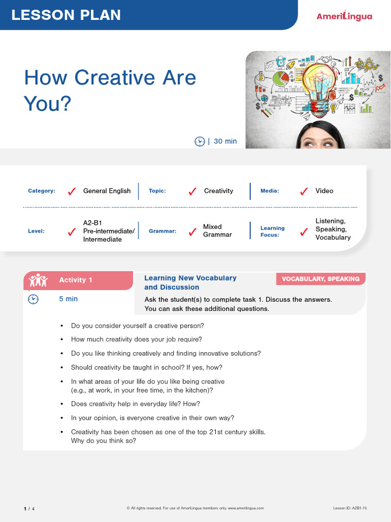 A2B1-15 Lesson Plan How Creative Are You | PDF | Creativity | Vocabulary