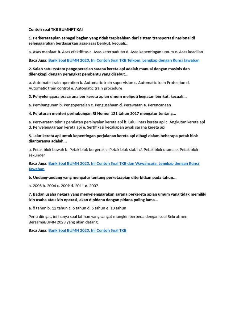 Contoh Soal TKB BUMNPT KAI | PDF