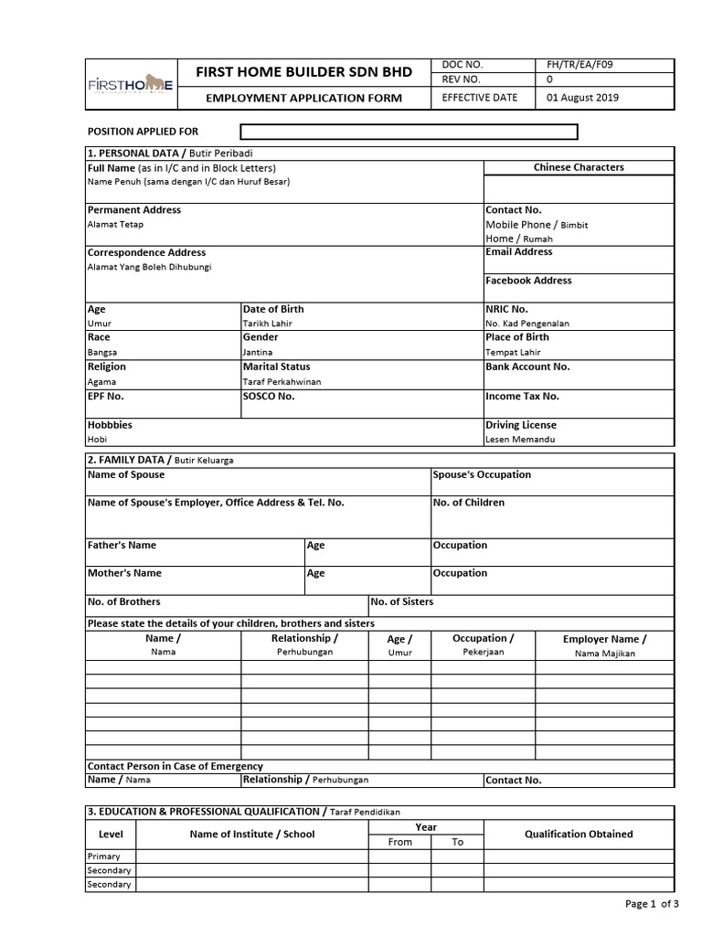First Home Builder SDN BHD: Employment Application Form | PDF