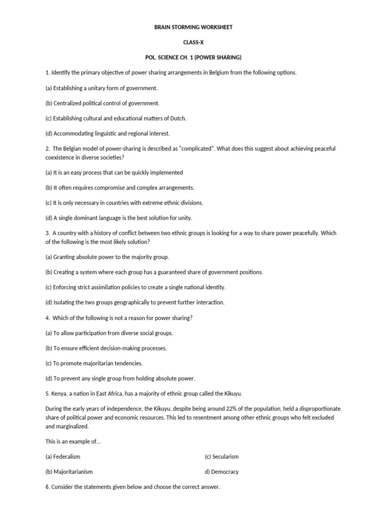 Brain Storming Worksheet Pol Science Ch.1 Class X | PDF | Democracy | Political Ideologies