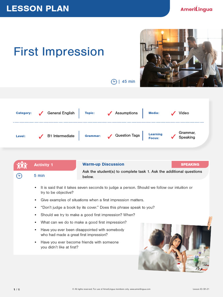 B1-21 Lesson Plan First Impression | PDF | Question | Semantics