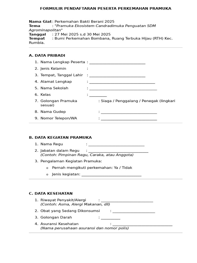 Formulir Pendaftaran Peserta Perkemahan Pramuka | PDF