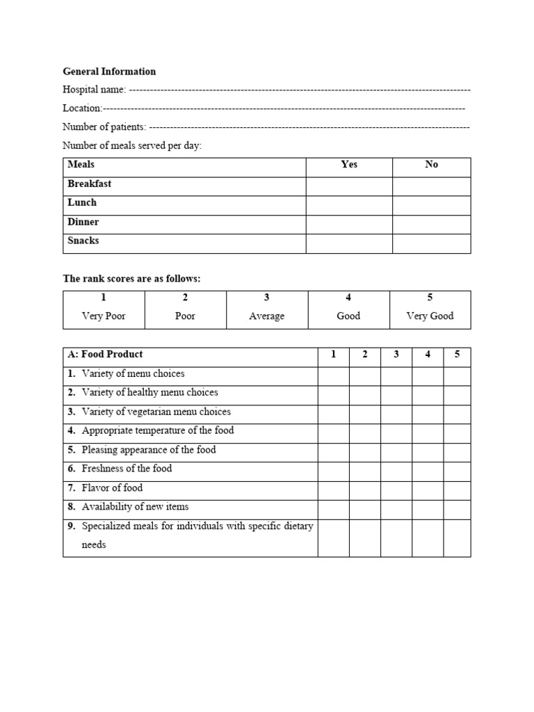Hospital Food Service Evaluation Guide | PDF | Meal | Menu